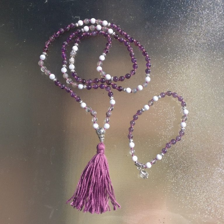 6mm Amethyst, Grey Agate, Blue Lace Agate & Clear Quartz Mala - Shuniya ...